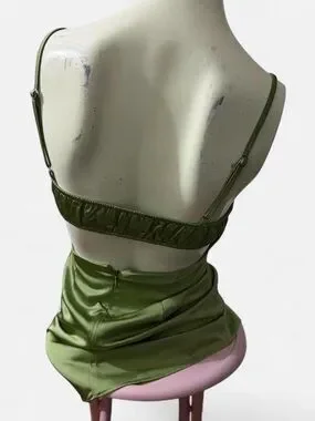 Intimates & Sleepwear | Olive Green Satin Cutout Slip Dress With Tie ...